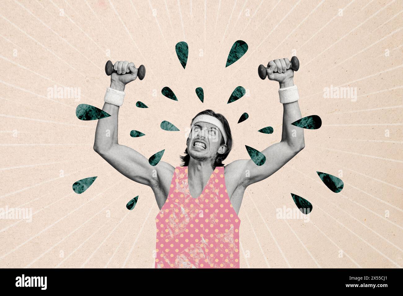 Creative collage image young sportsman lift dumbbells power strengh ... Creative collage image young sportsman lift dumbbells power strengh ...