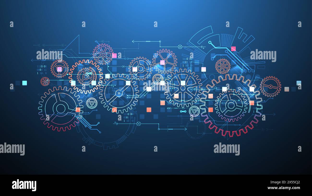 Gear wheel technology pattern on gradient background. Hand drawn vector ...