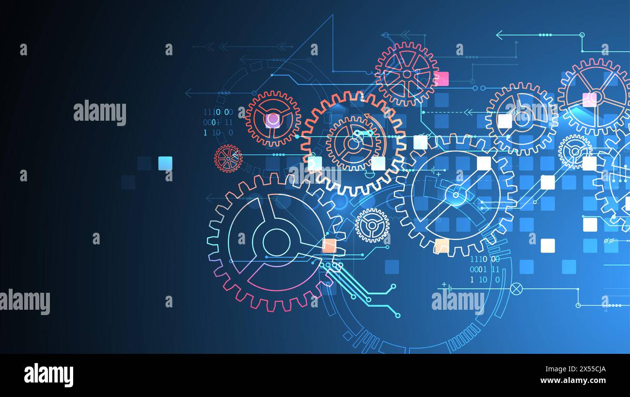 Gear wheel technology pattern on gradient background. Hand drawn vector ...