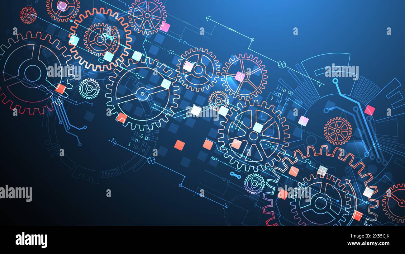 Gear wheel technology pattern on gradient background. Hand drawn vector ...