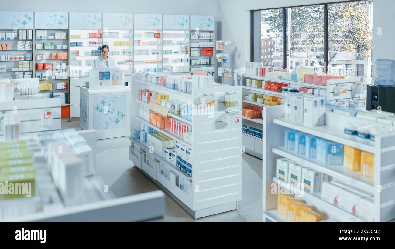 Modern Pharmacy Drugstore with Shelves full of Packages Full of Modern ...