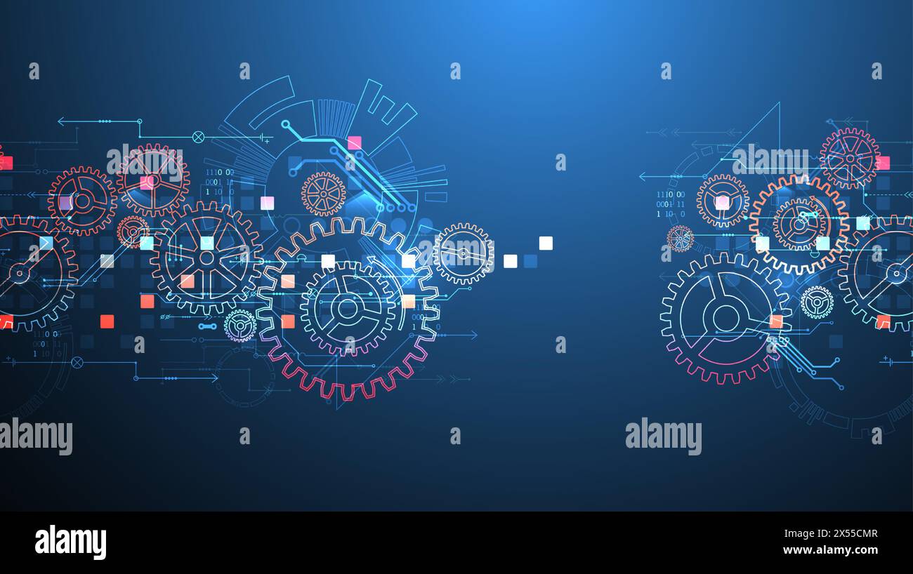 Gear wheel technology pattern on gradient background. Hand drawn vector ...