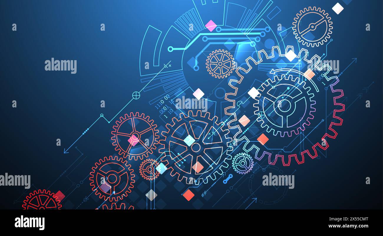 Gear wheel technology pattern on gradient background. Hand drawn vector ...