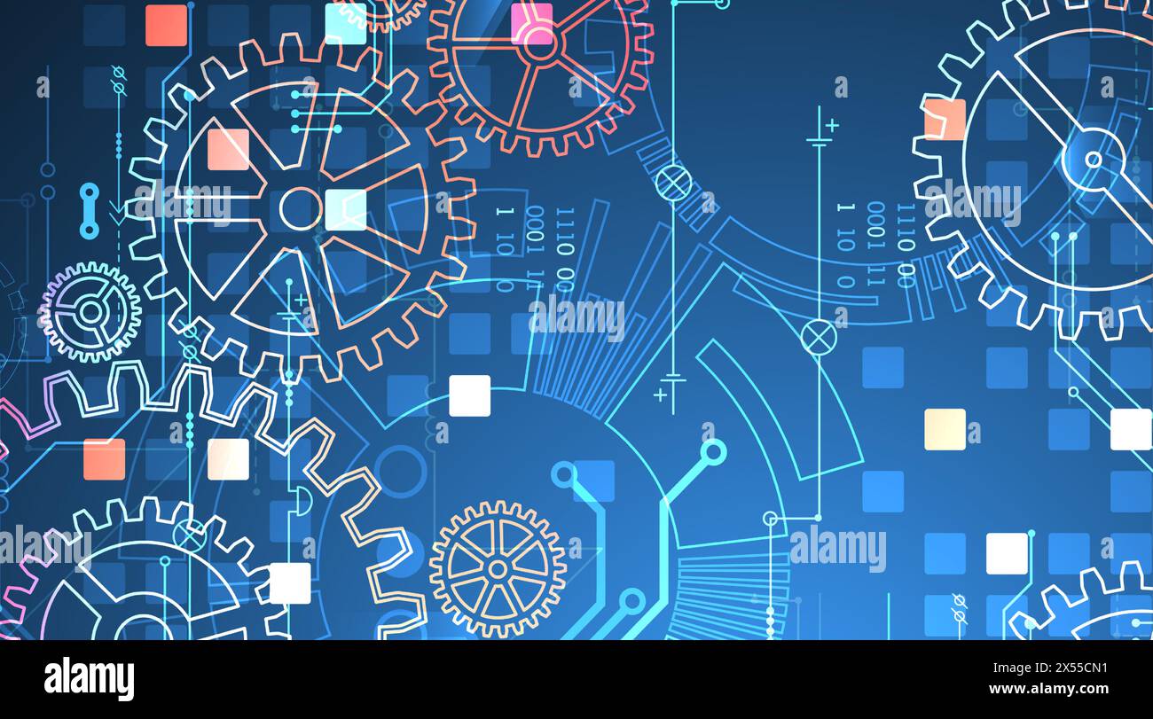 Gear wheel technology pattern on gradient background. Hand drawn vector ...