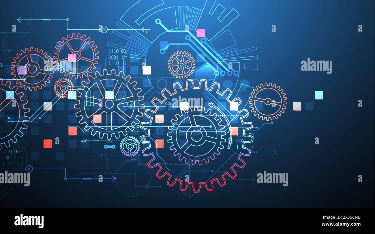 Gear wheel technology pattern on gradient background. Hand drawn vector ...