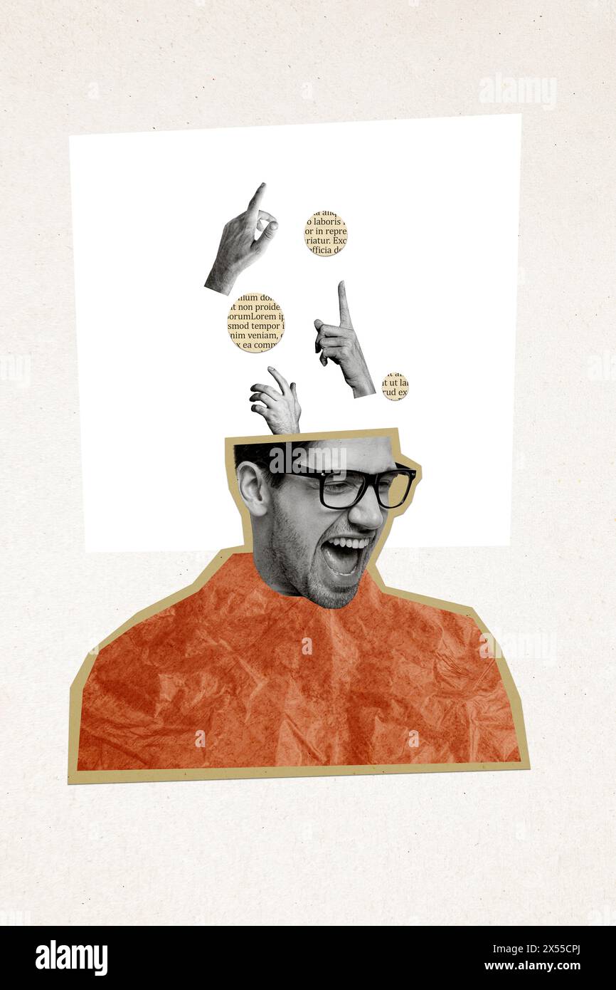 Creative vertical collage picture young laughing man positive emotion ...