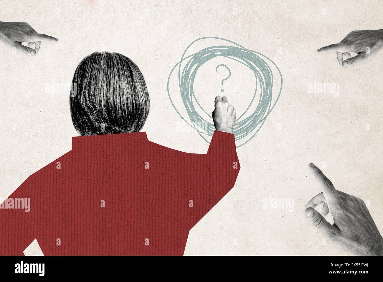 Creative image collage woman drawing doodles question mark dilemma ask ...