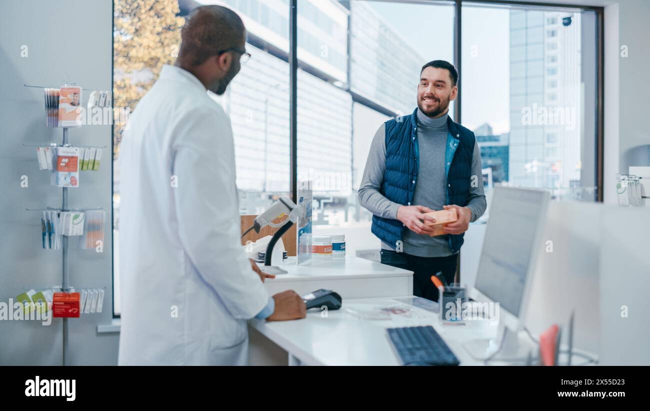 Pharmacy Drugstore Checkout Cashier Counter: Black Male Pharmacist ...