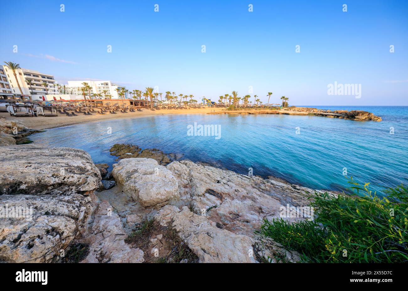 AYIA NAPA, CYPRUS - APRIL 12: General view the bay of Landa beach on ...