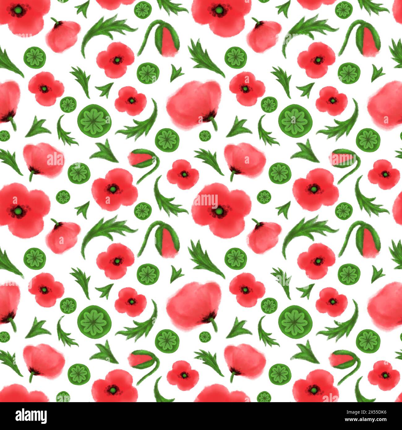 Seamless pattern of poppy flowers and leaves on white background ...