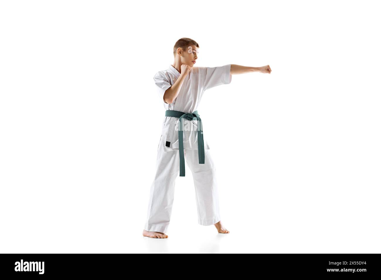 Concentrated teen boy, karate practitioner in defensive stance ...