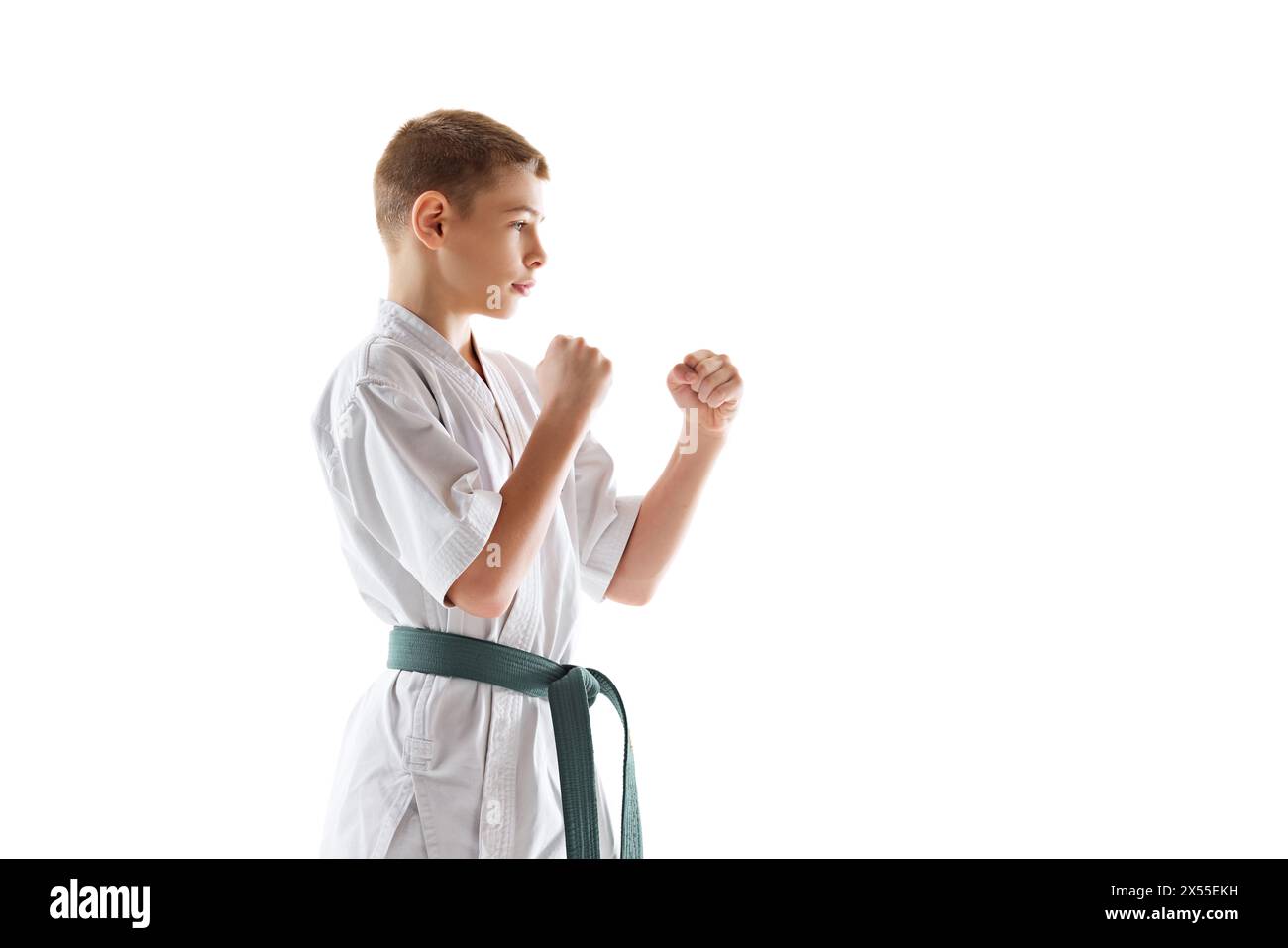 Concentrated teen boy, in defensive karate stance, showcasing focus and ...