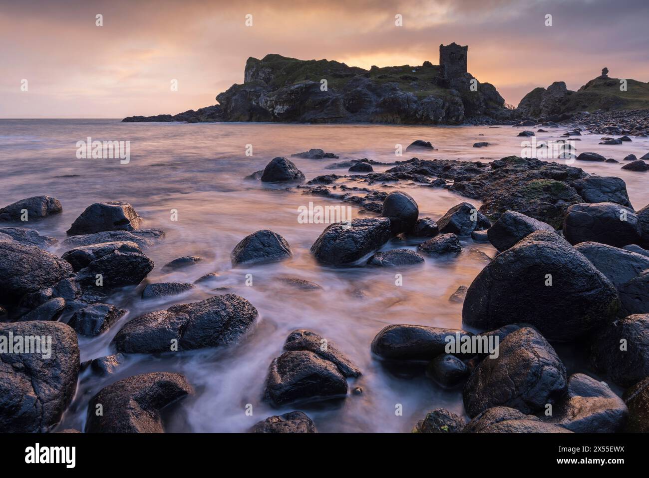 Kinbane Castle at sunrise on the Causeway Coast of County Antrim ...
