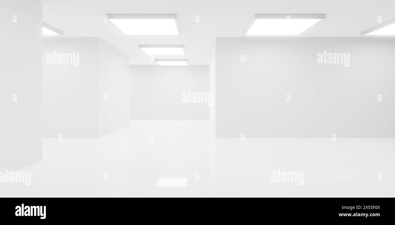 Abstract empty, modern white room with connecting hallway with square ...