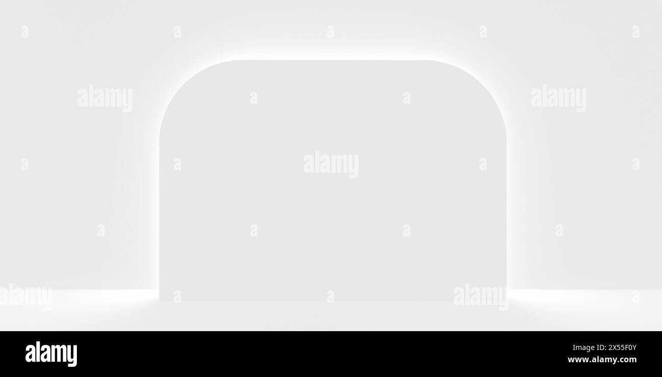 White empty, blank, clean room with wide, rounded frame shaped backlit ...