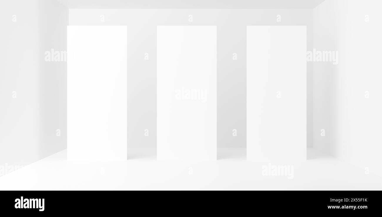 White empty studio room background with three vertical, blank panels in ...