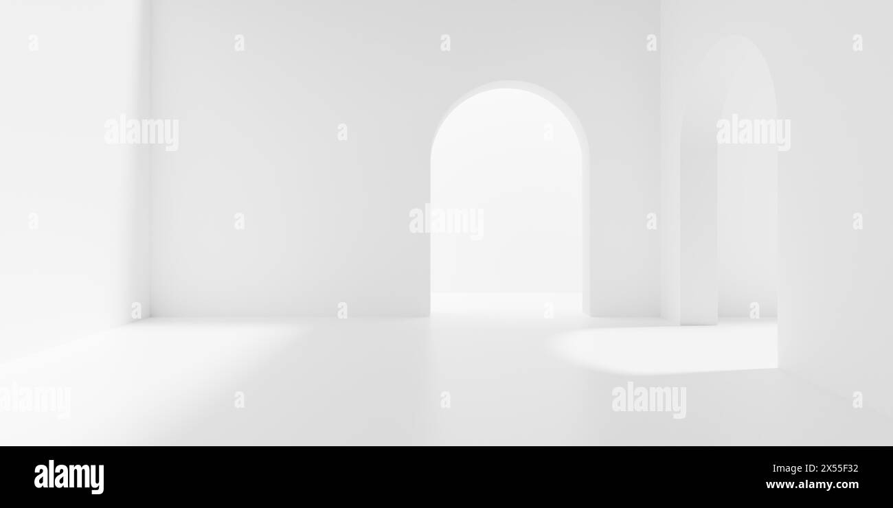 Empty white interior room with door openings in back and right wall ...
