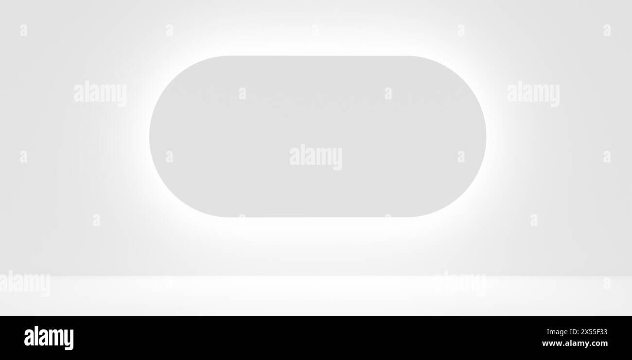 White empty, blank, clean room with oval shaped backlit geometric shape ...