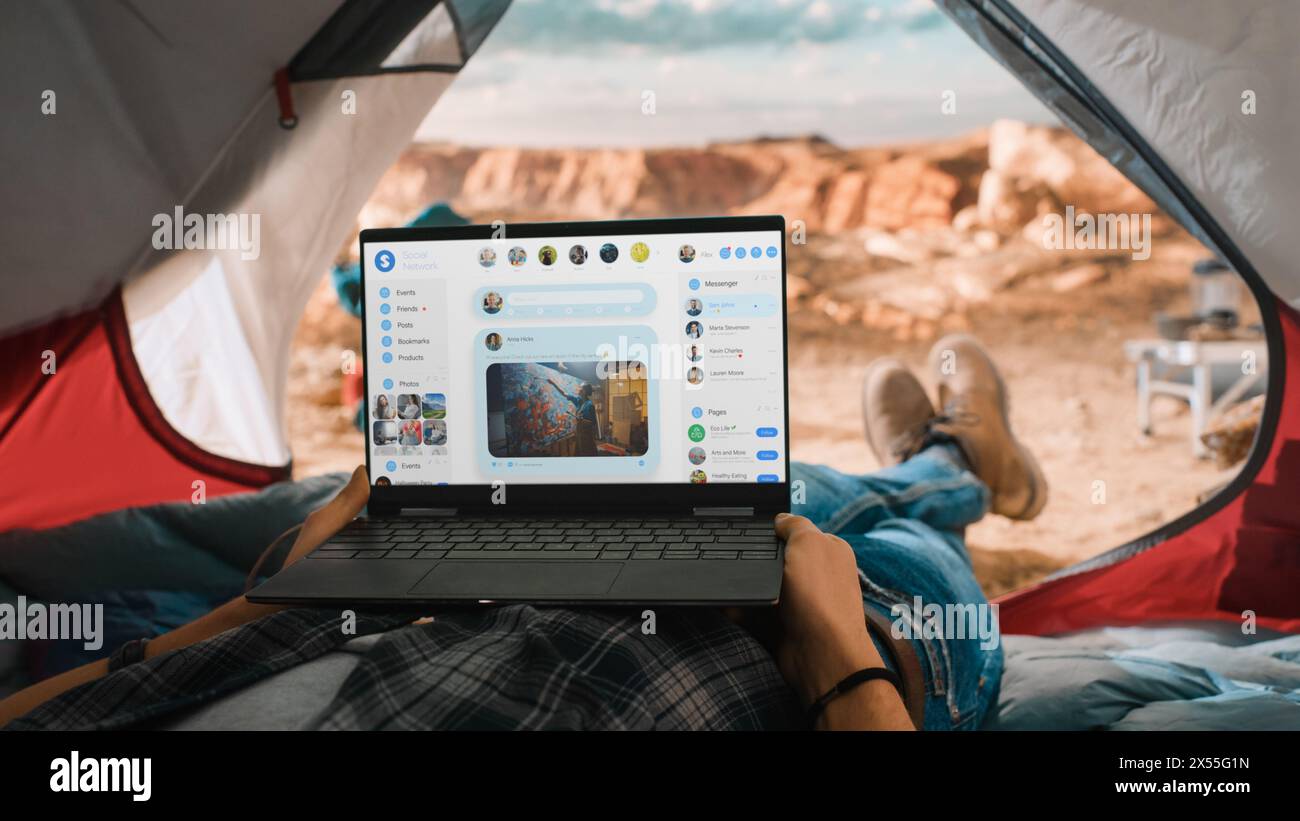POV of a Tourist Using a Laptop Computer for Checking Social Network ...