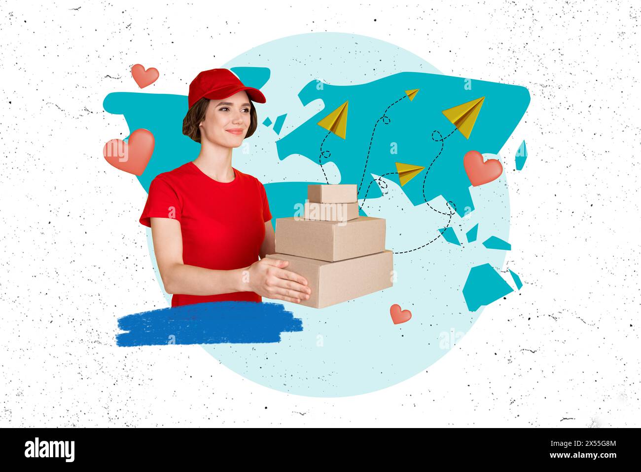 Composite collage picture image of funny female delivery love heart ...