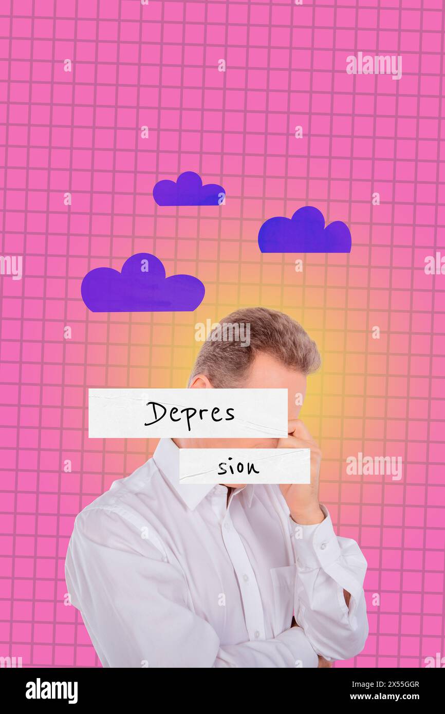 Vertical photo collage of upset stressed guy hold head cloud autumn ...