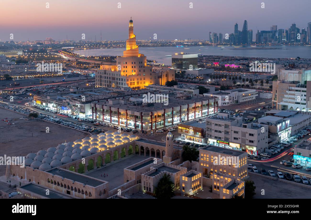 Doha Skyline Aerial View with Fanar Mosque souq waqif Stock Photo - Alamy