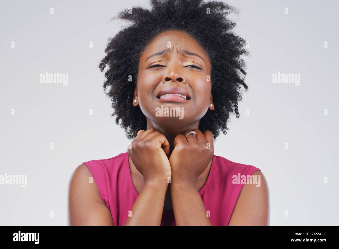 Woman, studio and crying or upset for job in education, teacher with ...