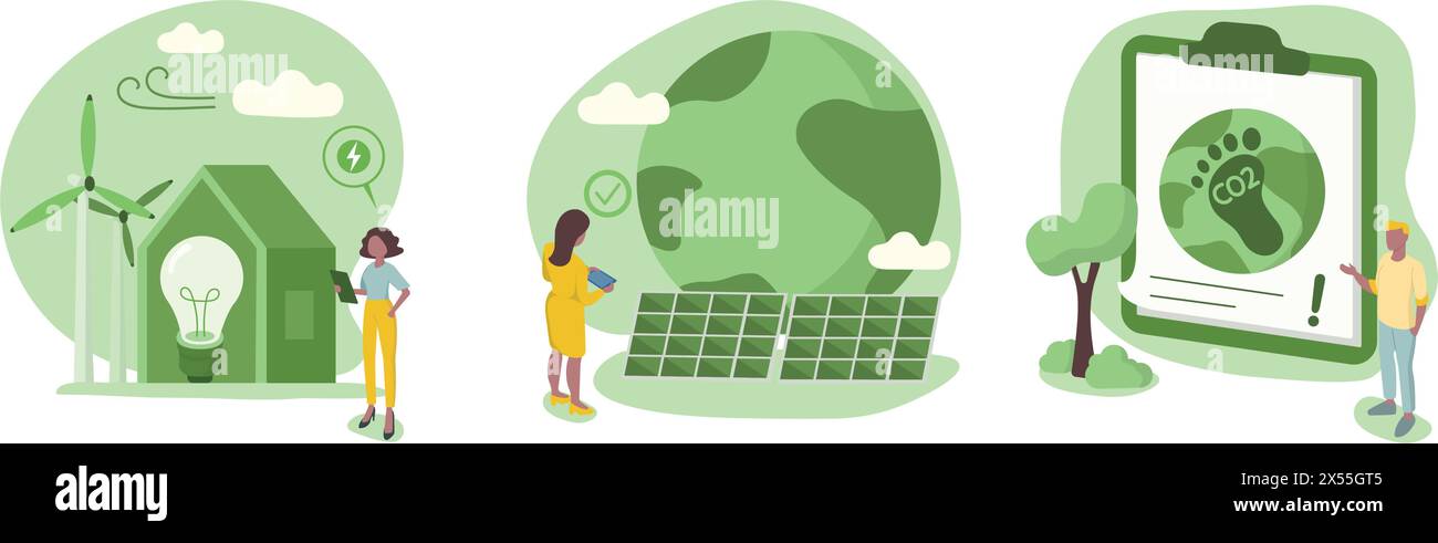 Sustainability illustration set. Energy efficiency in household and ...