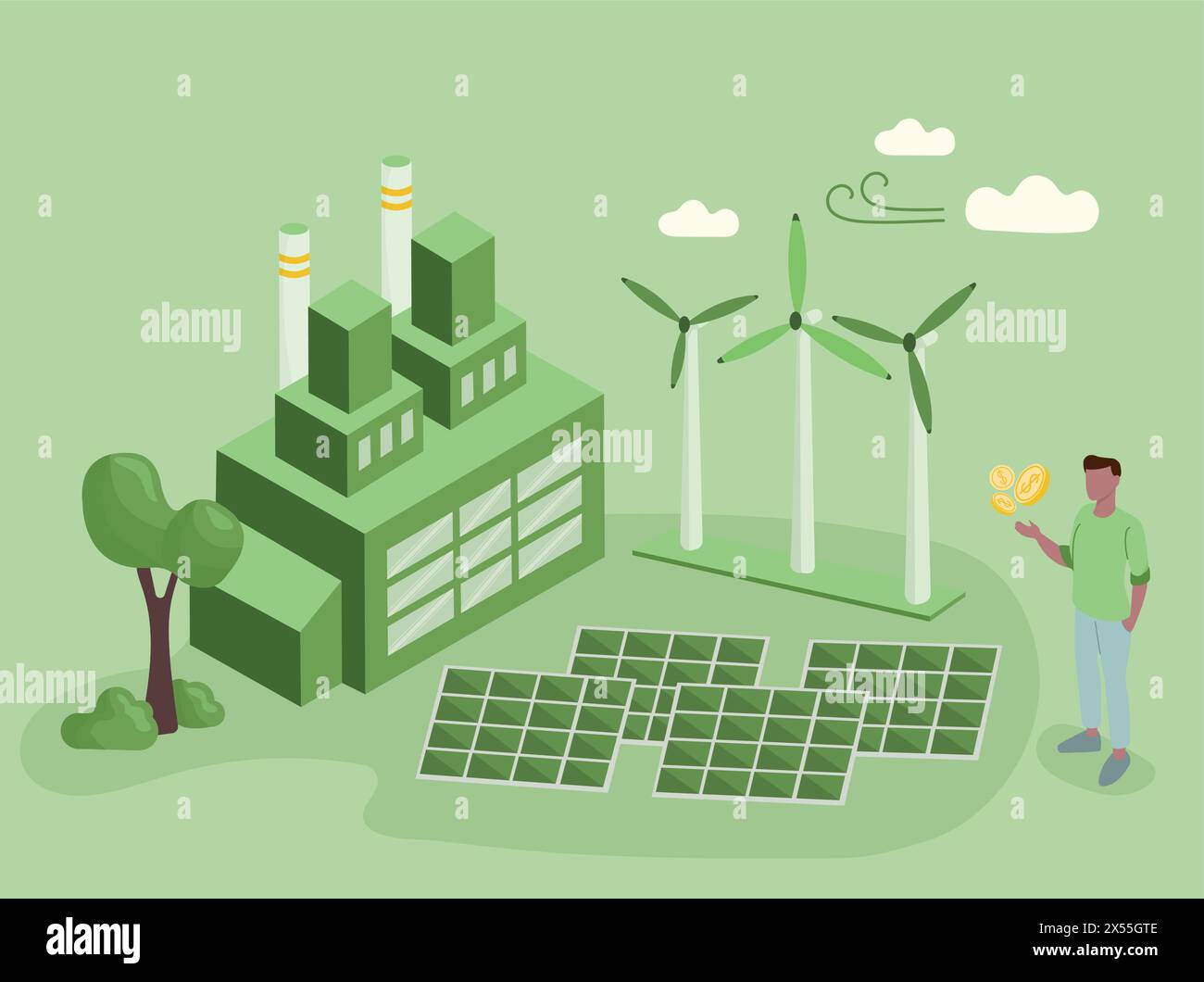 Sustainability illustration. ESG, green energy, sustainable industry with windmills and solar ...