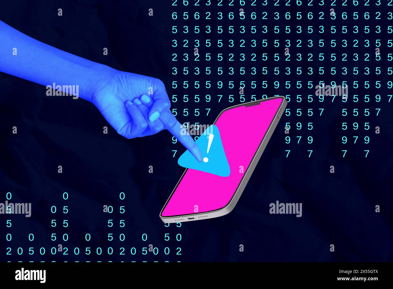 Composite collage picture image of point device warning sign data ...