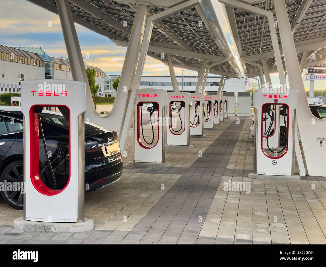 Brennero, Germany. 04th May, 2024. Tesla Super Charger power station at ...