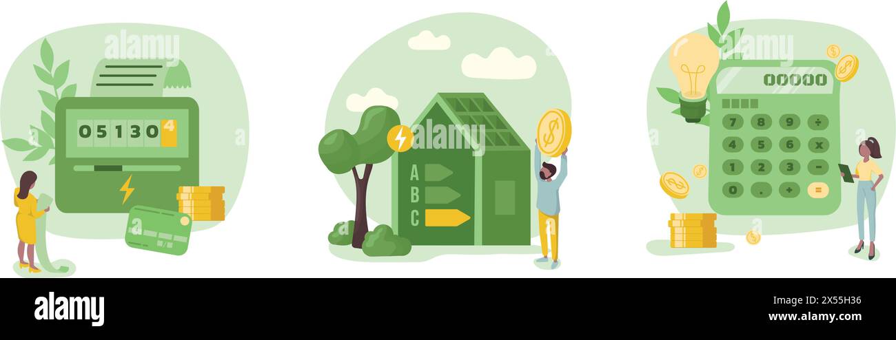 Sustainability illustration collection. Energy efficiency in household ...