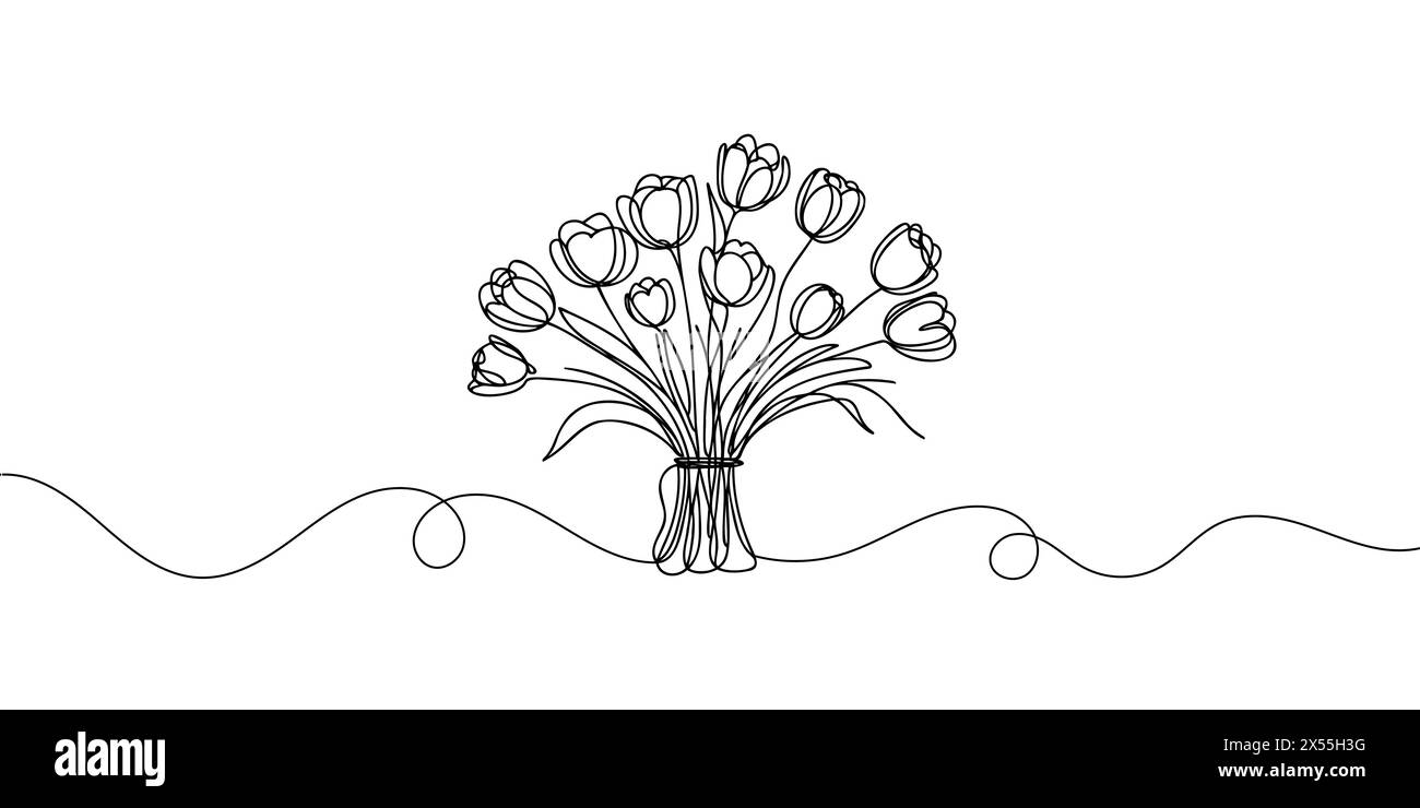 Continuous one line drawing tulips. Spring concept. Single line draw ...
