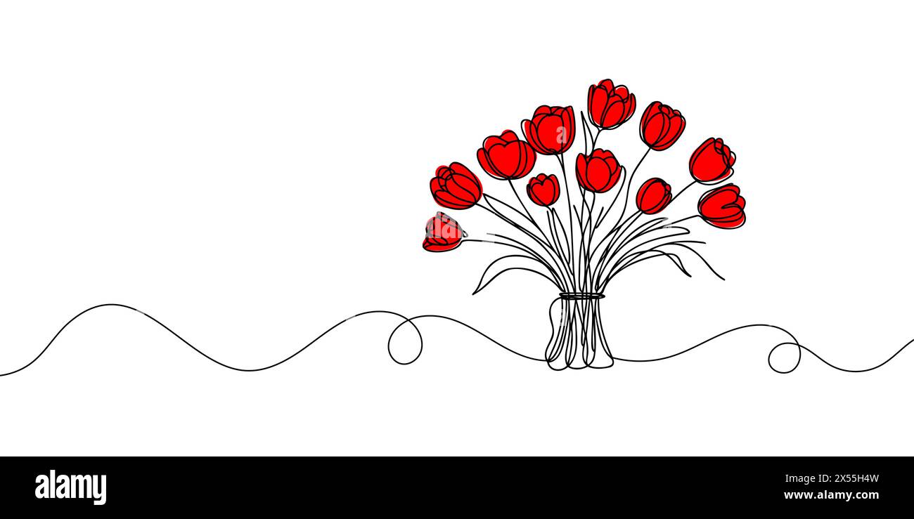 Continuous one line drawing tulips. Spring concept. Single line draw ...