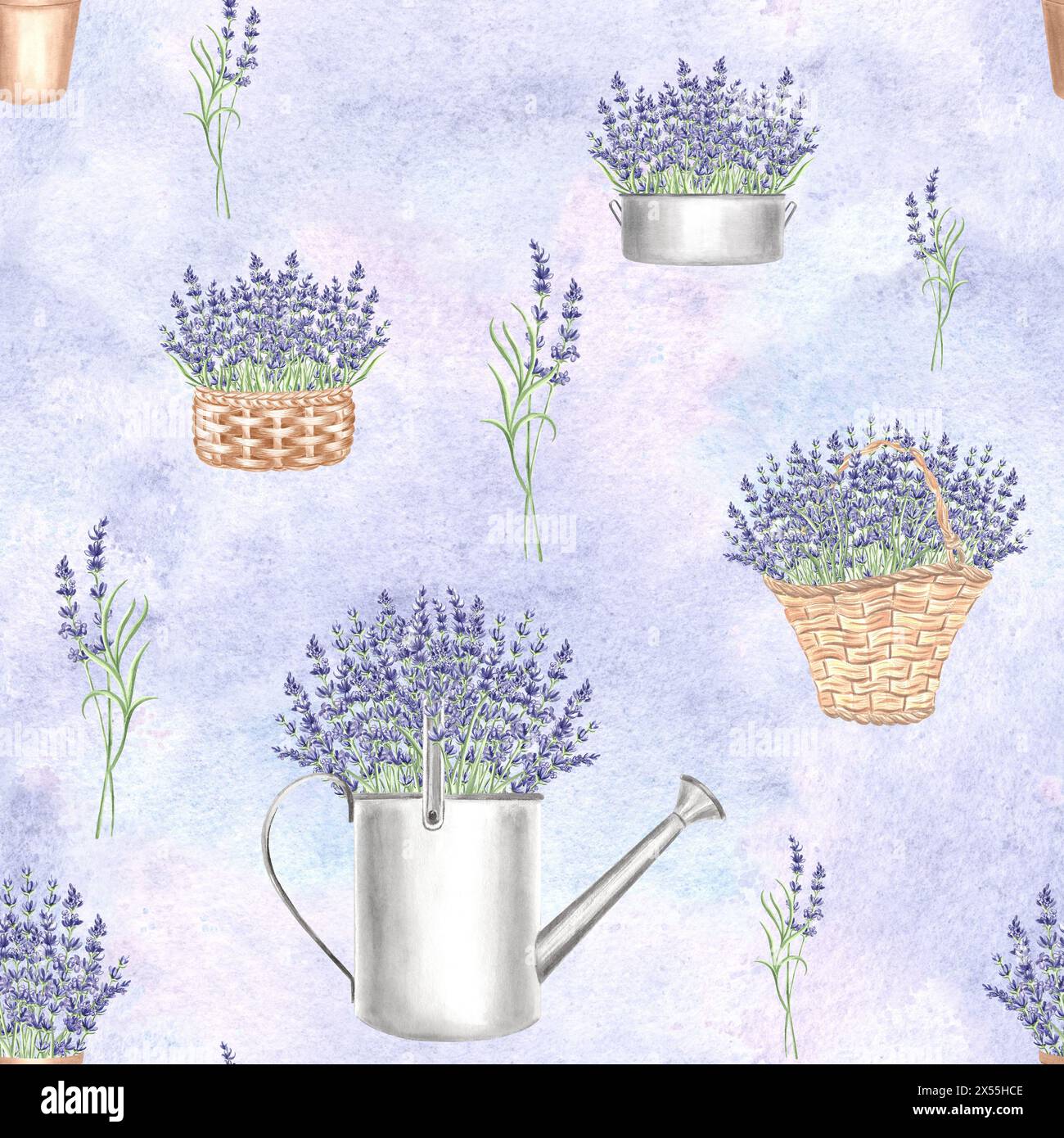 Lavender seamless pattern. Bouquet of purple flowers in pots and ...