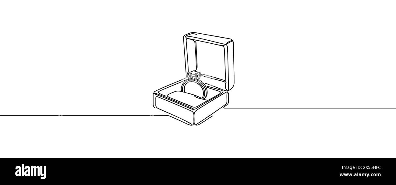 Wedding ring in a box, continuous line drawing. One line art, wedding ...