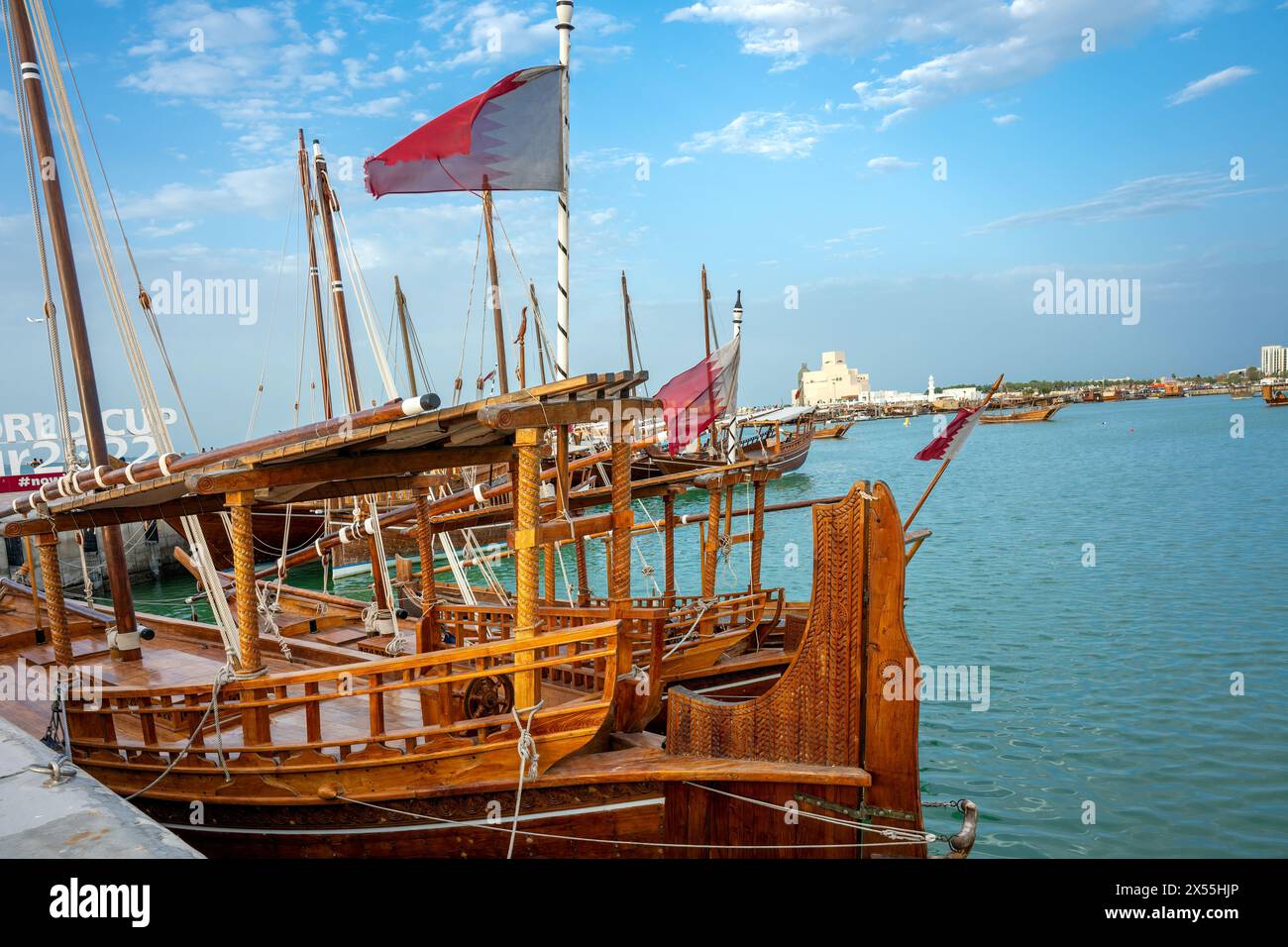 The traditional dhow on Doha Corniche, a waterfront promenade along ...