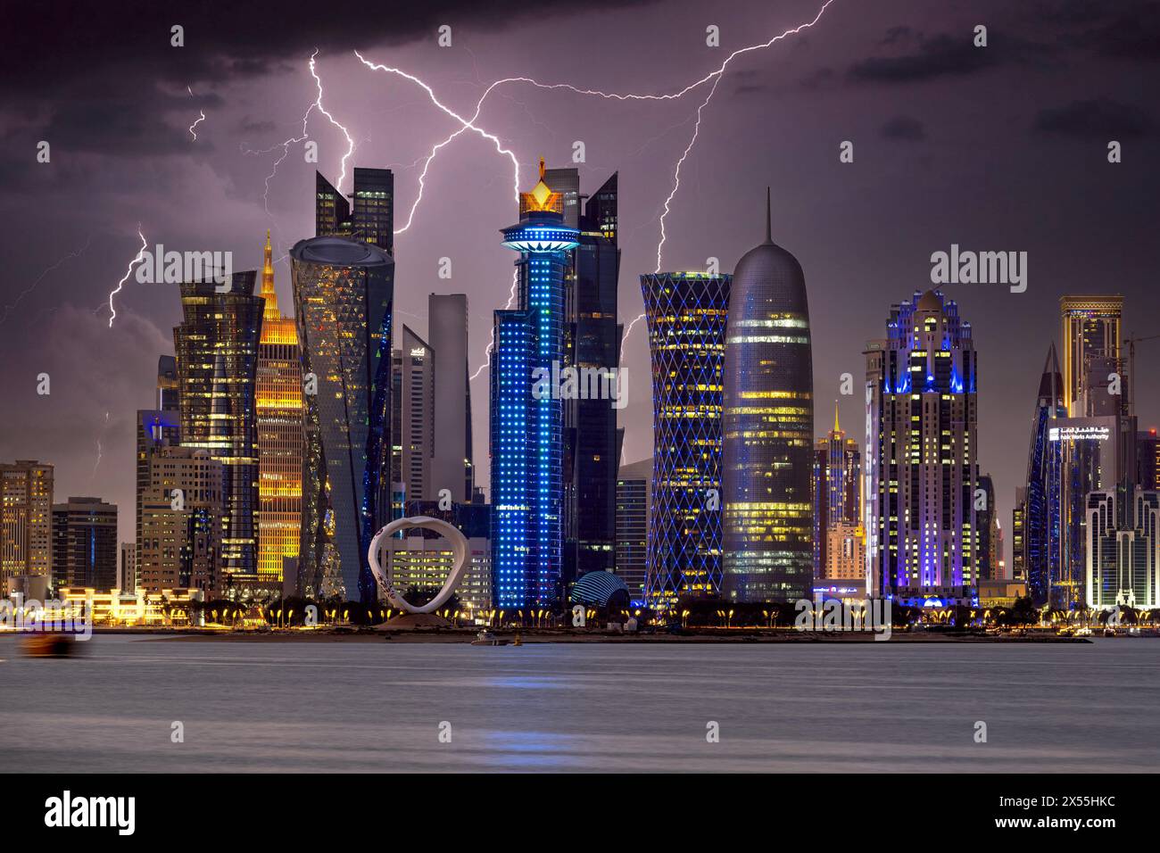 Lightning on Doha skyline. Rain in Qatar. Doha Skyline at sunset Stock ...