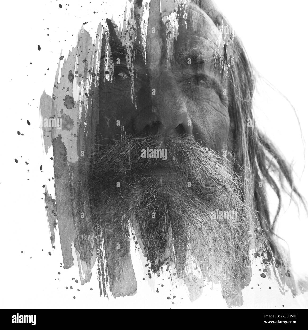 A black and white artistic paintography portrait of an old bearded man ...