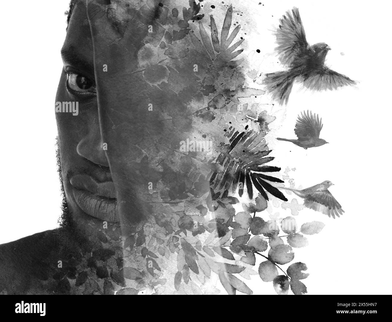 A black and white paintography portrait of a man merged with flying ...