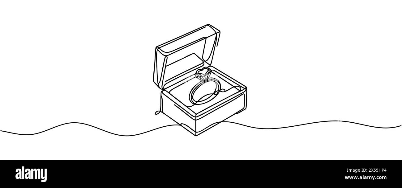 Wedding ring in a box, continuous line drawing. One line art, wedding ...