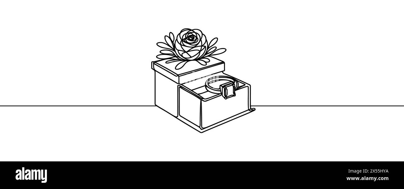 Wedding ring in a box, continuous line drawing. One line art, wedding ...