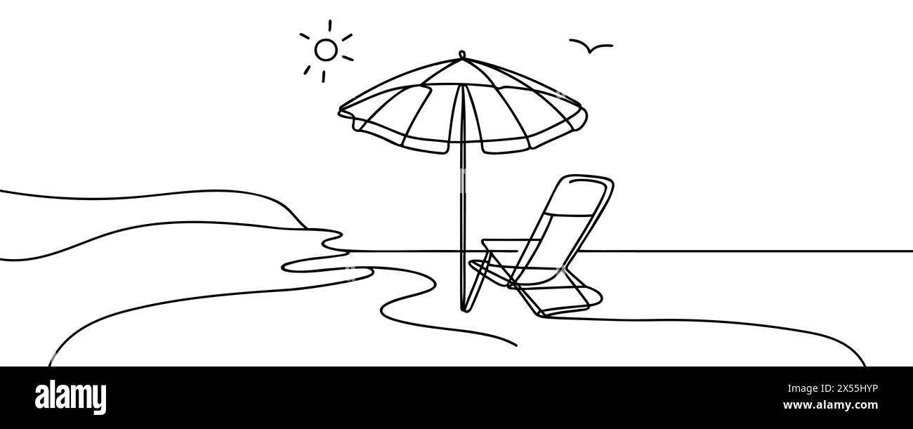Beach umbrella and two chairs in one continuous line drawing Stock ...