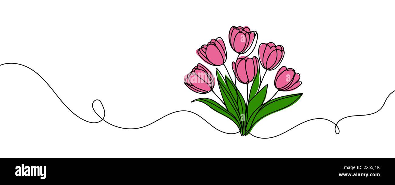 Continuous one line drawing tulips. Spring concept. Single line draw ...