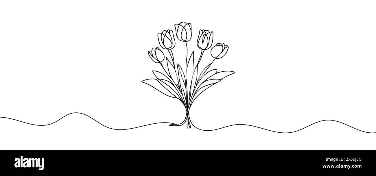 Continuous one line drawing tulips. Spring concept. Single line draw ...