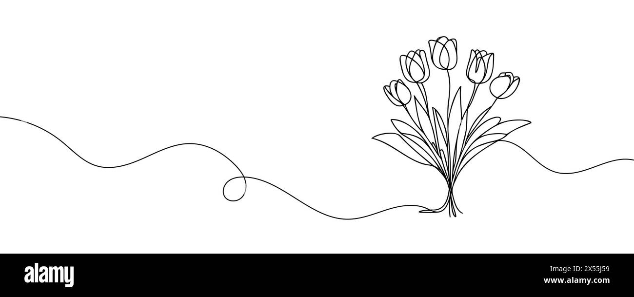 Continuous one line drawing tulips. Spring concept. Single line draw ...