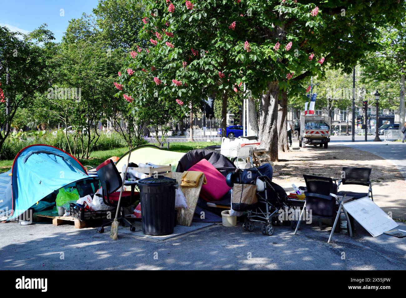 Homeless camp on Rond-Point des Champs Elysées - Paris - France Stock ...