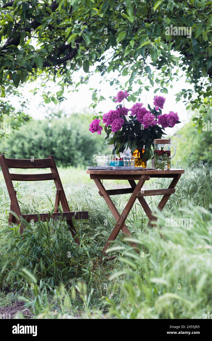 garden and tea party at the country style. still life - cups, dishes ...