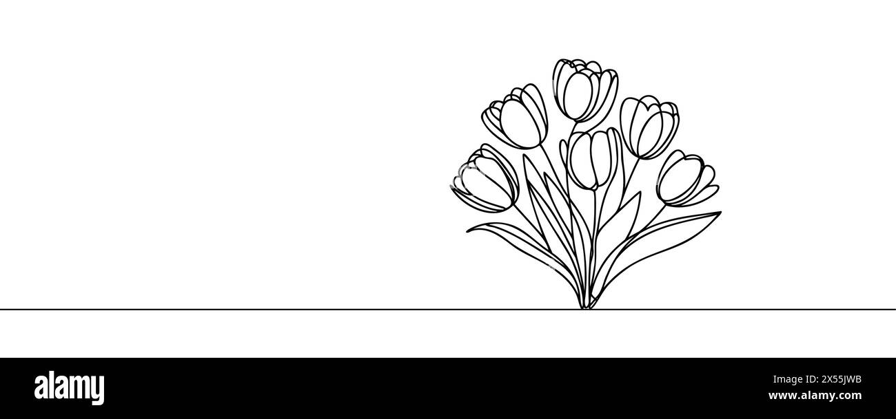 Continuous one line drawing tulips. Spring concept. Single line draw ...