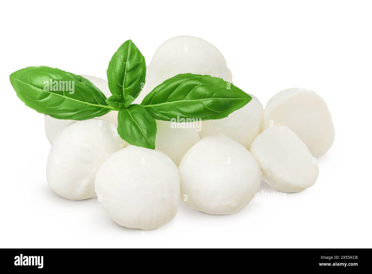 Mini mozzarella balls with basil leaf isolated on white background with ...